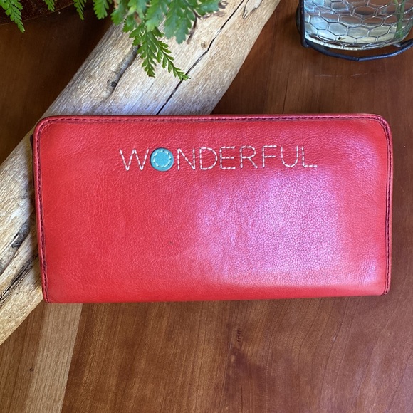 Fossil | Bags | Fossil Red Leather Zip Around Wallet Embroidered With ...